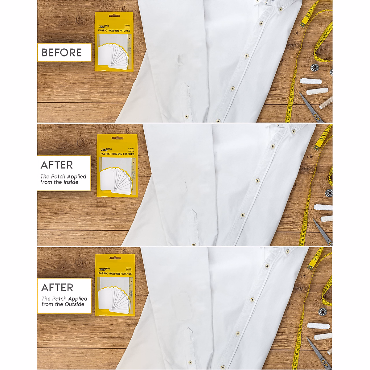 ZEFFFKA Premium Quality Fabric Iron-on Patches Inside & Outside Strongest Glue 100% Cotton White Repair Decorating Kit 12 Pieces Size 3" by 4-1/4" (7.5 cm x 10.5 cm)