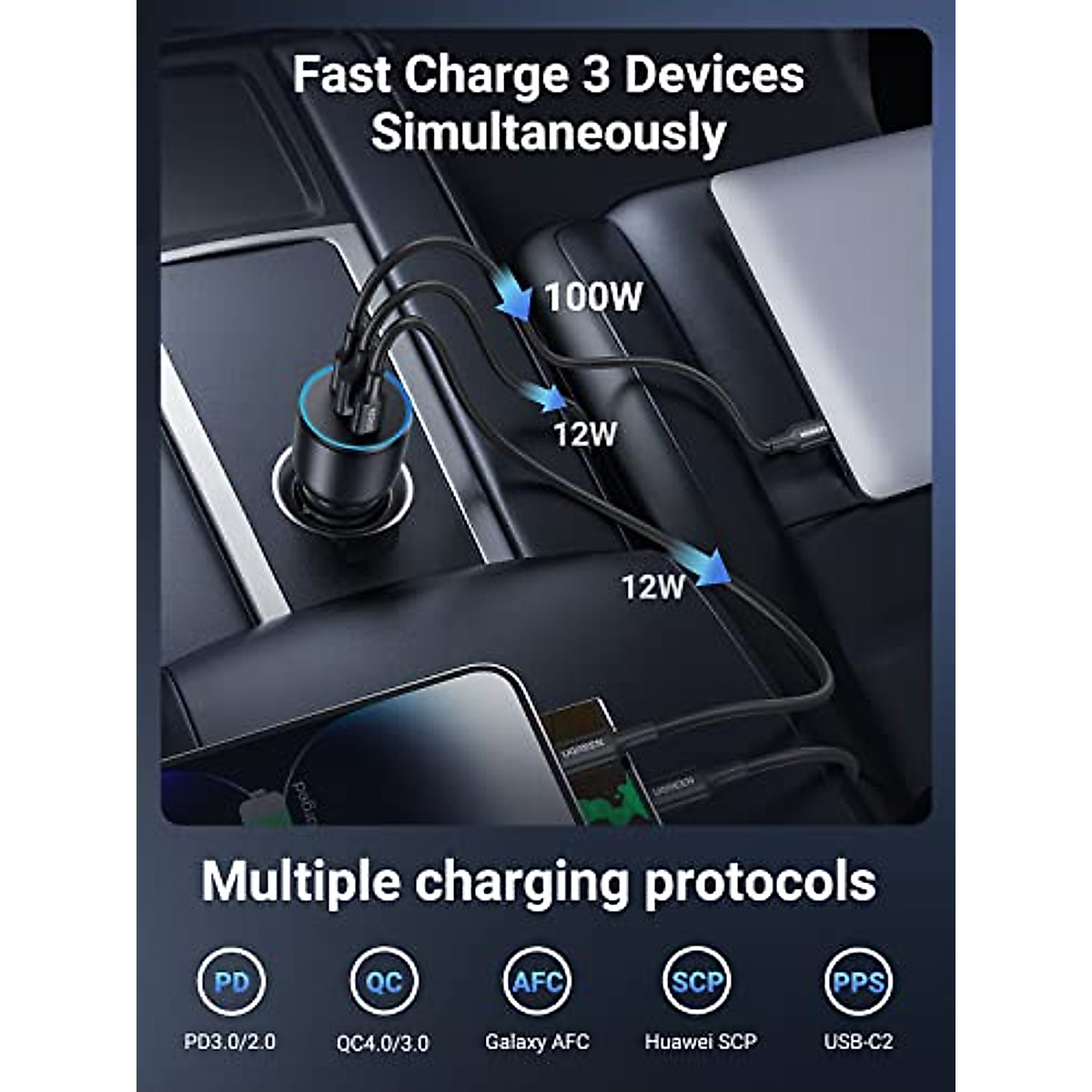UGREEN 130W USB C Car Charger, PD 100W +PD 30W Type C Car Charger Adapter, Fast Charging Car Charger Compatible with Cell Phones, iPad, MacBook, and More (Comes with 100W USB C to USB C Cable)