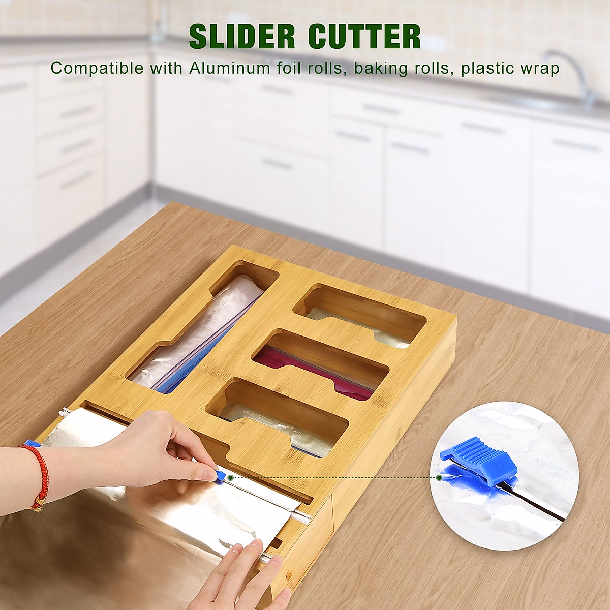 Wattne Bag Storage Organizer for Kitchen Drawer & Wrap Dispenser with Cutter, 6 in 1 Bamboo Organizer Compatible with 12" Aluminum Foil Roll, Suitable for Gallon, Quart, Sandwich Bags, Roll etc