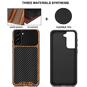 TENDLIN Compatible with Samsung Galaxy S21 Case Wood Grain with Carbon Fiber Texture Design Leather Hybrid Case Black