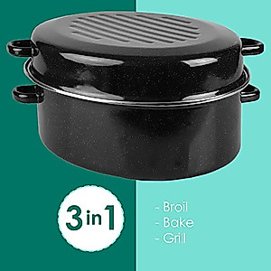 14" Enameled Roasting Pan With Lid, By Home Basics (Black) | Turkey Roasting Pan | Carbon Steel Large Turkey Roasting Pan | For Turkey, Stew, and Pot Roast