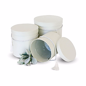 UNIKPACKAGING Premium Quality Round Flower Box, with Tassel, Gift Boxes for Luxury Flower and Gift Arrangements, Set of 3 pcs (Silver White)