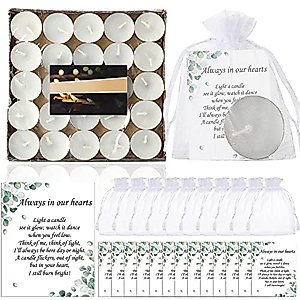 Coume 50 Set Funeral Favors Memorial Tealight Candles Unscented White Candles Funeral Gift Candles with Condolence Bereavement Cards and Organza Bags for Guest Furneral Party (Artsy)