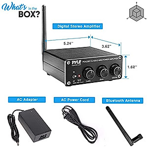 Pyle Compact Powerful Home Audio Amplifier Receiver Mini with Bluetooth 5.0 Desktop Blue Series 2 x 100 Watt for Home Speakers w/Bass &Treble Control - PDA22BT