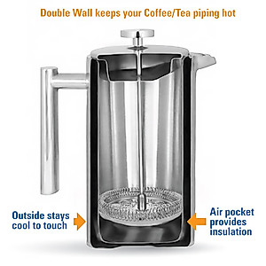 Brew Evolution 12 oz French Press | Stainless Steel Double-Walled Coffee Maker | Durable & Efficient Coffee & Tea Brewing | Gray Black