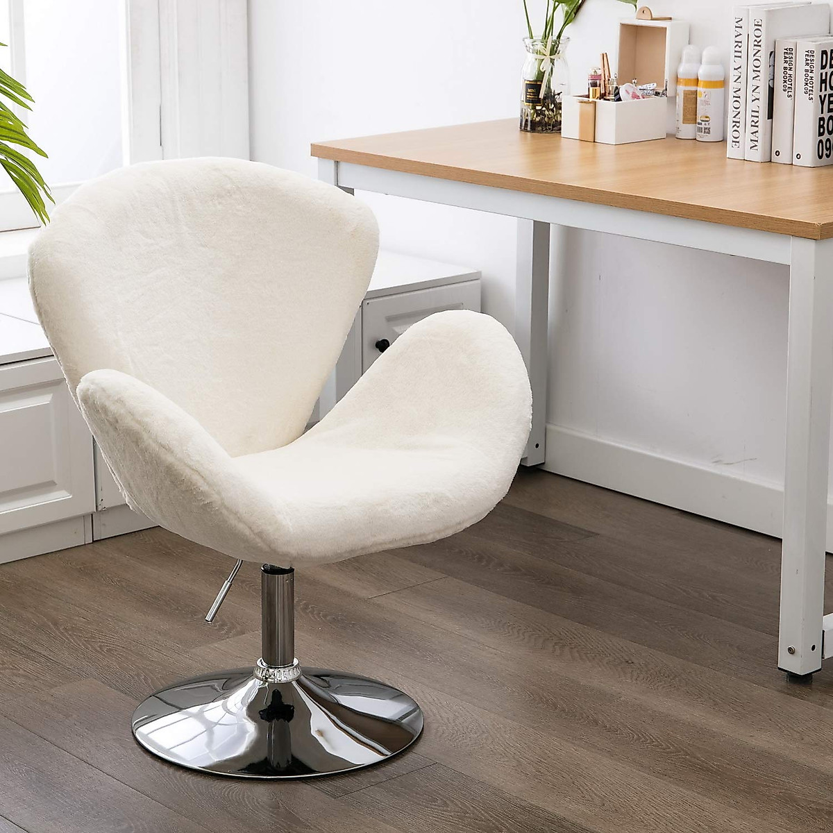 Wahson Vanity Chairs with Backs for Bedroom Cute Home Office Chair Faux Fur Chairs for Teens Girls Dorm Chairs Comfy Adjustable Stool,White (Faux Rabbit Fur)