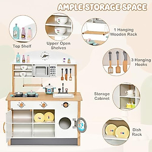 Costzon Kids Kitchen Playset, Wooden Pretend Cooking Toy with Sink & Faucet, Microwave, Dish Rack, Washing Machine, Play Kitchen with 15 PCS Toy Accessories for Toddlers, Gift for Boys Girls 3+