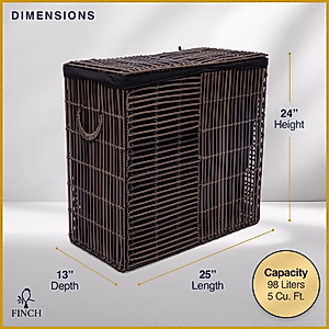 Finch Double Laundry Hamper with Lid & Handles, Foldable, 2 Divided Section (XXL) Clothes Hamper, Removable Washable Liner Bags, Steel Frame & Woven Poly Rattan, Sturdy Laundry Basket, Dark Brown