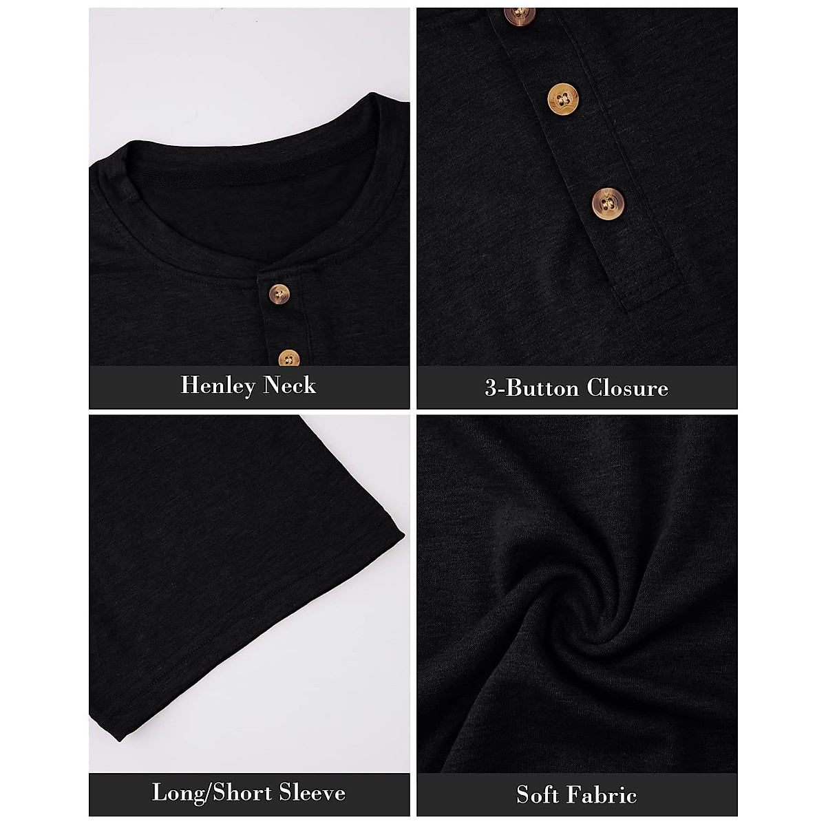 Fashion Mens Henley Shirts Classic Long Sleeve Basic Button Cotton T-Shirt with Pocket Black