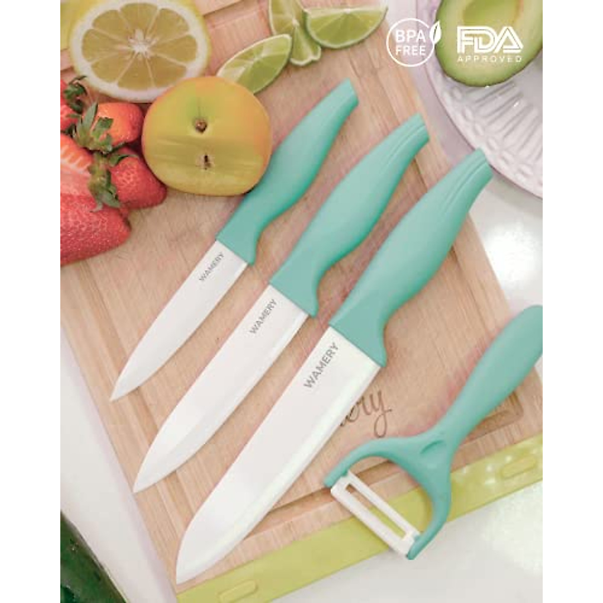 Wamery Ceramic Knife Set with Block - Chef Knife, Utility Knife, Paring Knife Rust Proof Sharp Turquoise Kitchen Knife Set with Wood Block and Fruit Peeler