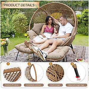 BULEXYARD Double PE Wicker Stationary Egg Chair with Legs Patio 2 Person Loveseat Chair Indoor Outdoor Oversized PE Rattan Lounge Chair for Garden Balcony (Brown/Brown, Double Egg Chair with Ottoman)