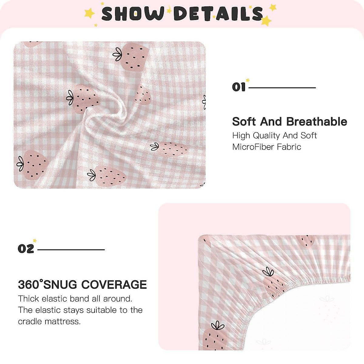 KICPOAY Fitted Crib Sheets Plaid and Strawberry Pink Stretchy Portable Playard Sheets for Baby Toddler, Breathable Soft Mini Crib Mattress 39 x 27 in for Boys and Girls