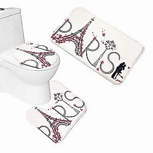 Amagical Paris Tower Eiffel with Paris Lettering Pink Flowers Couple Trip Print 16 Piece Bathroom Mat Set Shower Curtain Set Bath Mat Contour Mat Toilet Cover Shower Curtain 12 Hooks