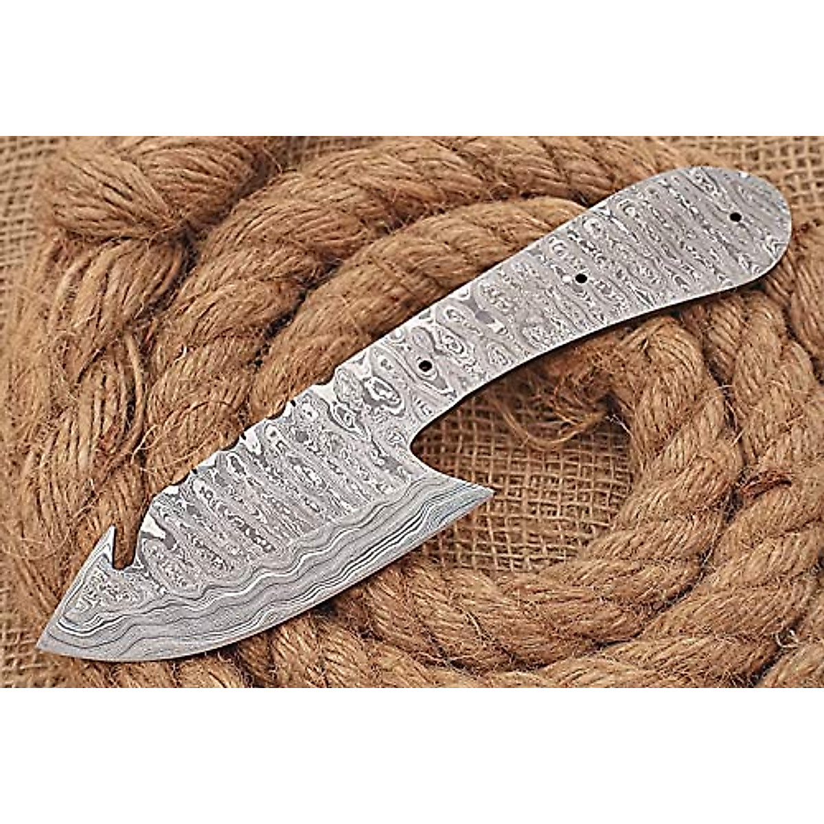 8 inches long hand forged spear point gut hook skinning knife blade, knife making supplies, Damascus steel blank blade Pocket knife with 3 Pin hole, 3.5 inches cutting edge, 4.25" scale space