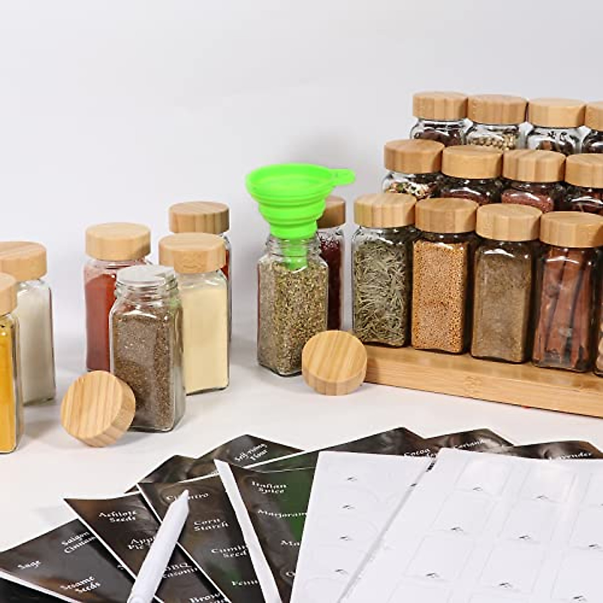 CycleMore 24 Pcs Spice Jars with Bamboo Lids 4 oz Glass Spice Jars with Labels - Minimalist Blank Spice Labels Stickers, Black Labels Stickers, Collapsible Funnel