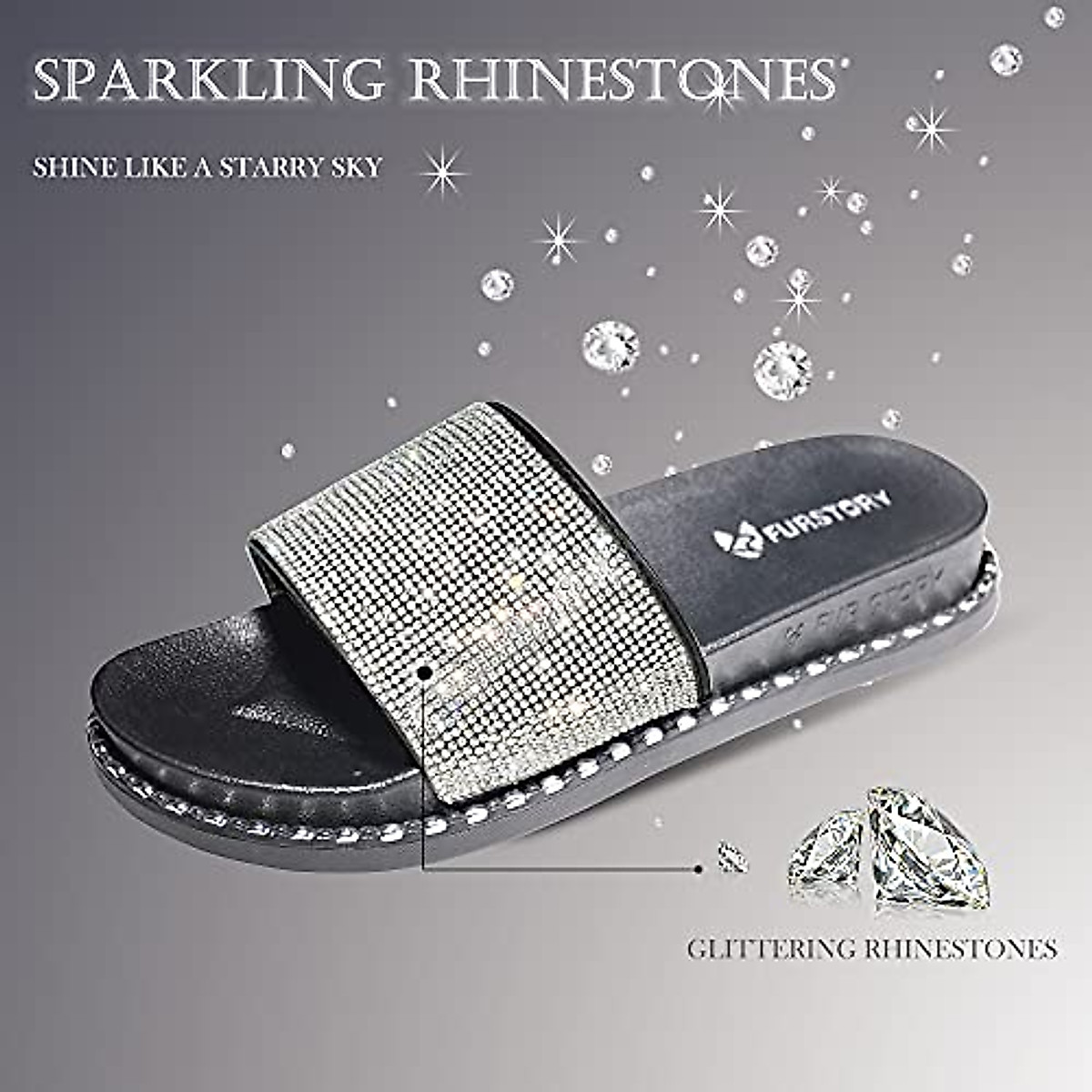 Fur Story Womens Slides House Slippers Rhinestone Glitter Slides Cozy Bedroom Slippers Shower Shoes Cute Slippers for Women Platform Sandals