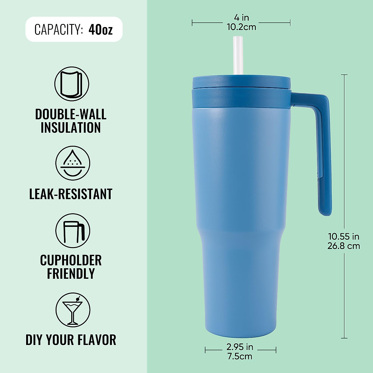 Fijinhom 40 oz Tumbler with Handle and Straw, Triple Layer Insulated Stainless Steel Water Bottle with Infuser, Travel Tumbler Fit Most Cupholder, Gifts for Women & Men, Blue