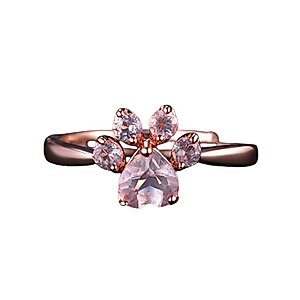 TraveT Crystal Cat Paw Ring Adjustable Pink Ring for Cat Lovers Women Rhinestone Zirconia Ring