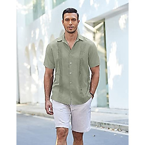 COOFANDY Beach Shirt Linen Guayabera Shirt Mexican Button Up Shirts Beach Casual Light Green