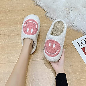 TJJDRYSR Slippers for Women Indoor,Unisex House Shoes with Faux Fur Lining,Smile Face Slippers Memory Foam Mens Slippers Warm Plush Bedroom Shoes(Pink 42/43)