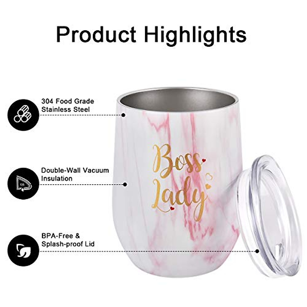 Qtencas Boss Lady Wine Tumbler Cupcake Wine Socks Set, Bosses Day Christmas Gifts for Women Boss Mom Female Friends Insulated Stainless Steel WineTumbler with Lid (12 oz, Pink Marble)