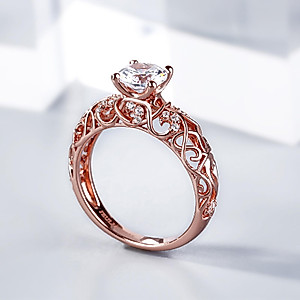 Jeulia 2 Carat Leaf Vines Rings for Women 925 Sterling Silver Rose Gold Plated Engagement Rings Round Cut Diamond Wedding Band Rings Solitaire CZ Promise Anniversary Rings Romantic Gift (Rose Gold, 9)