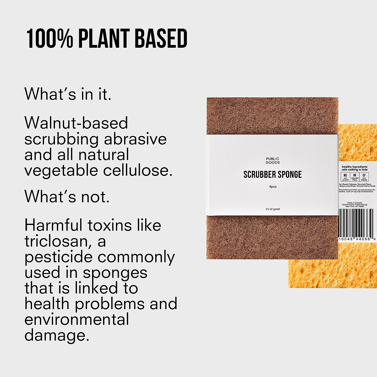 Public Goods Walnut Scrubber Sponge | Cleaning & Scrubbing Sponges for Dishes & Kitchen Sink | Natural, Plant-Based Sponges | Made in Canada | Pack of 4
