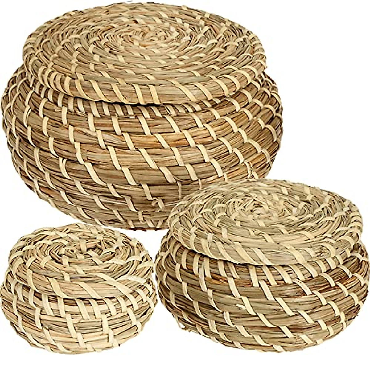 Dicunoy Set of 3 Small Wicker Basket with Lid, Round Woven Seagrass Baskets, Little Handmade Rattan Storage Basket Box for Shelf, Home, Bathroom Decor