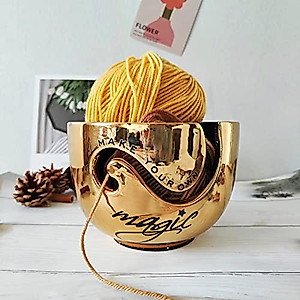 Ceramic Yarn Bowl for Crochet and Knitting Accessories - Best Yarn Holder - Fits Extra Large Yarn Ball or 4 to 5 Small Balls - for Knitters and Crocheters 6.5’’ x 4.5" (Gold/Black)