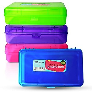 Emraw Utility Storage Box - Bright Color Multi Purpose Pencil Box for School Supplies Durable Plastic Pencil Box, Small Plastic Pencil Case, Mini Organizer Storage Box (Random 4-Pack)