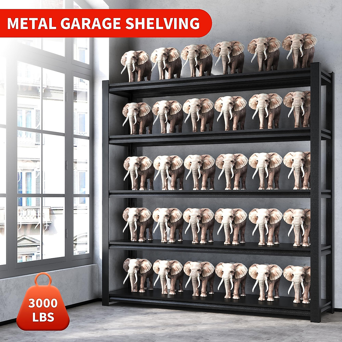 DARTIIA 72" H Garage Shelving 3000LBS Heavy Duty Storage Shelves Adjustable 5 Tier Metal Shelves for Storage Garage Industrial Shelving Utility Racks,23.9" D x 40" W x 72" H,Black