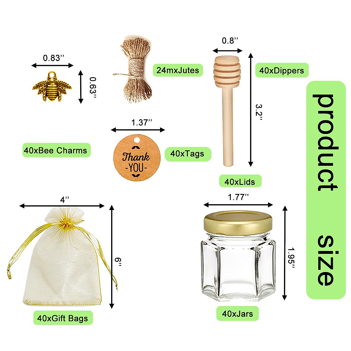 Adabocute 40 Pack Mini Honey Jars - Honey Pot With Honey Dipper, Bee Pendants, Jutes, Tags and Gift Bags - Perfect For Baby Shower Favors and Wedding Favors