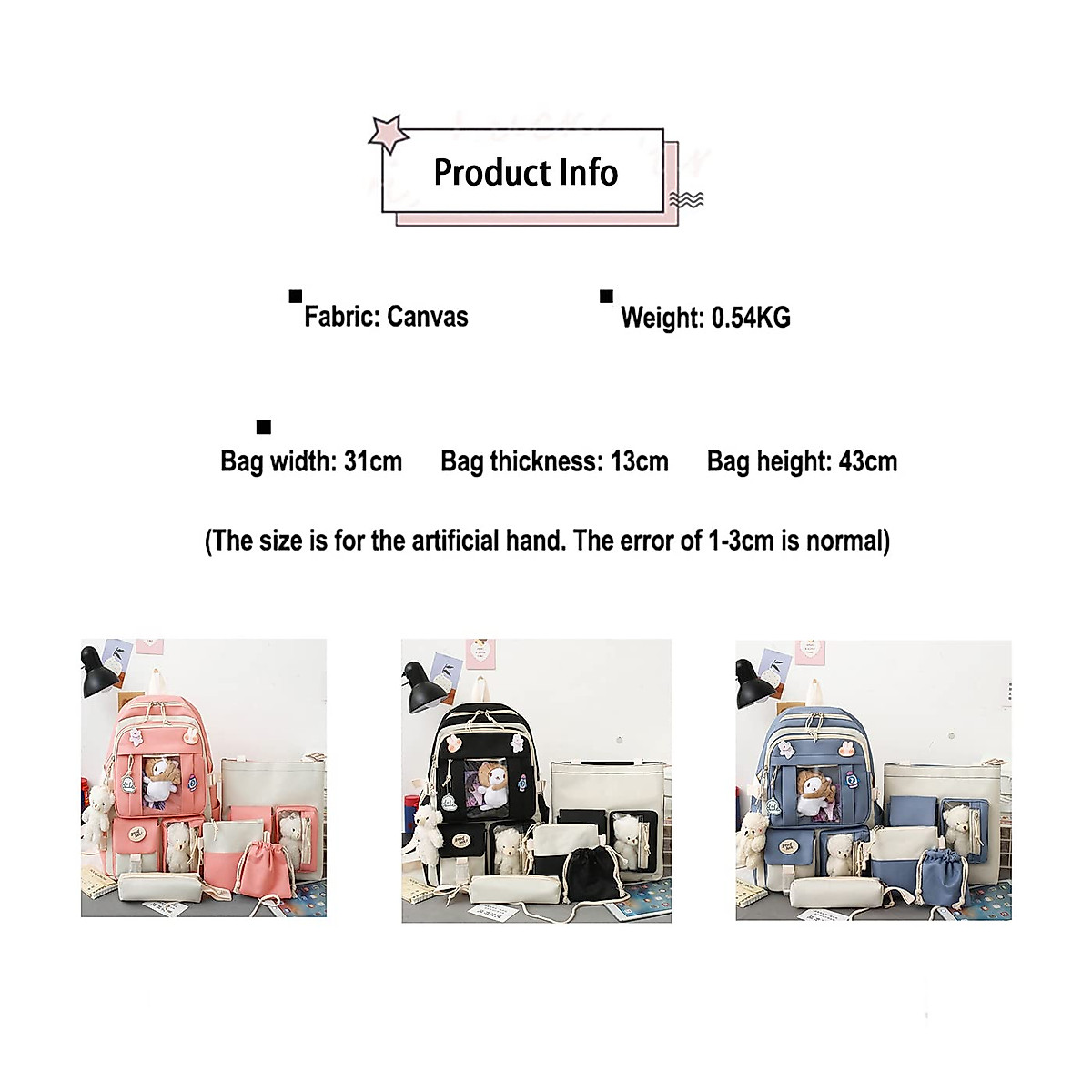 MWZING kawaii Backpack 5 Piece Backpack Set with handbag Pencil Box Small Cell Phone Purse Receive Bag with Pendant Pins pink