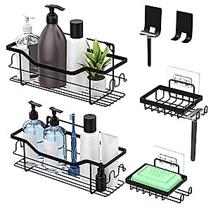 Joytey Shower Caddy, Shower Shelves Adhesive Shower Organizer with 2 Soap Dishes and 2 Shaver hook, No Drilling Rustproof Stainless Steel Shower Shelf for Bedroom, Bathroom, Kitchen, 4 Pack, Black