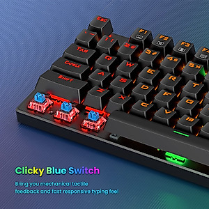 Mechanical Gaming Keyboard Full Size, Bllean LED Rainbow Backlit Ultra-Slim Wired Keyboard with Blue Switches, Full-Key Rollover, Ergonomic Water-Resistant USB Keyboard for Windows Mac Gaming