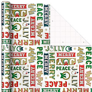Hallmark Vintage Christmas Wrapping Paper Cut Lines on Reverse (3 Rolls: 120 sq. ft. ttl, Red, White, Navy Blue) Funny Candy Cane Santas, Classic Snowman, "Merry, Jolly, Happy, Peace"