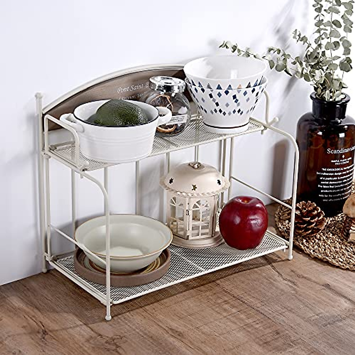 Funly mee 2 Tier Kitchen Countertop Spice Rack, Bathroom Metal and Wood Foldable Shelf Organizer (Rustic White)