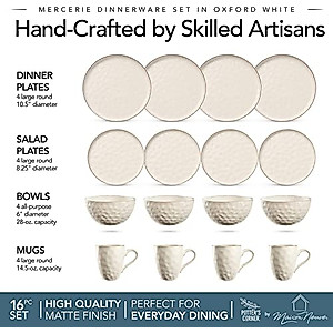 Potter's Corner by Maison Neuve 16-Piece Dinnerware Set Service for 4 - Hand Crafted Bowls and Plates Set w/Mugs, Stoneware Dinnerware Set, Microwave & Dishwasher Safe Plate Set - Oxford White