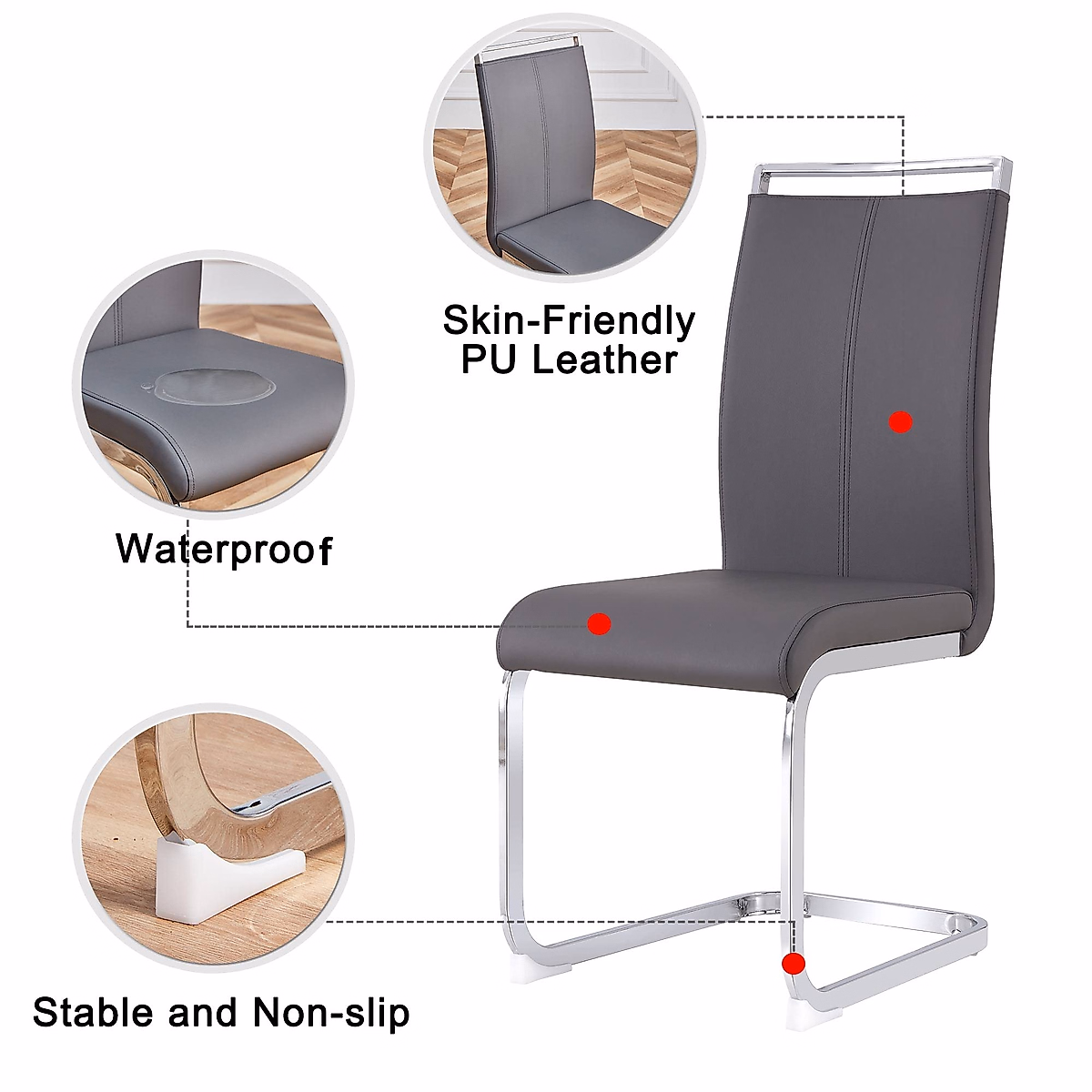 Modern 5-Piece Round Marble Dining Table with 4 Gray Upholstered PU Leather Dining Chairs Set, Circular Marble Texture Dining Table with Gold Pedestal and Printed Marble Top for Dining Kitchen