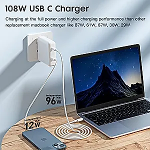 2 Port 108W 12W QC 96W USB C Charger for MacBook Air/MacBook Pro，Compatible with iPad Pro，Charger with 2M USB C to C Charging Cable
