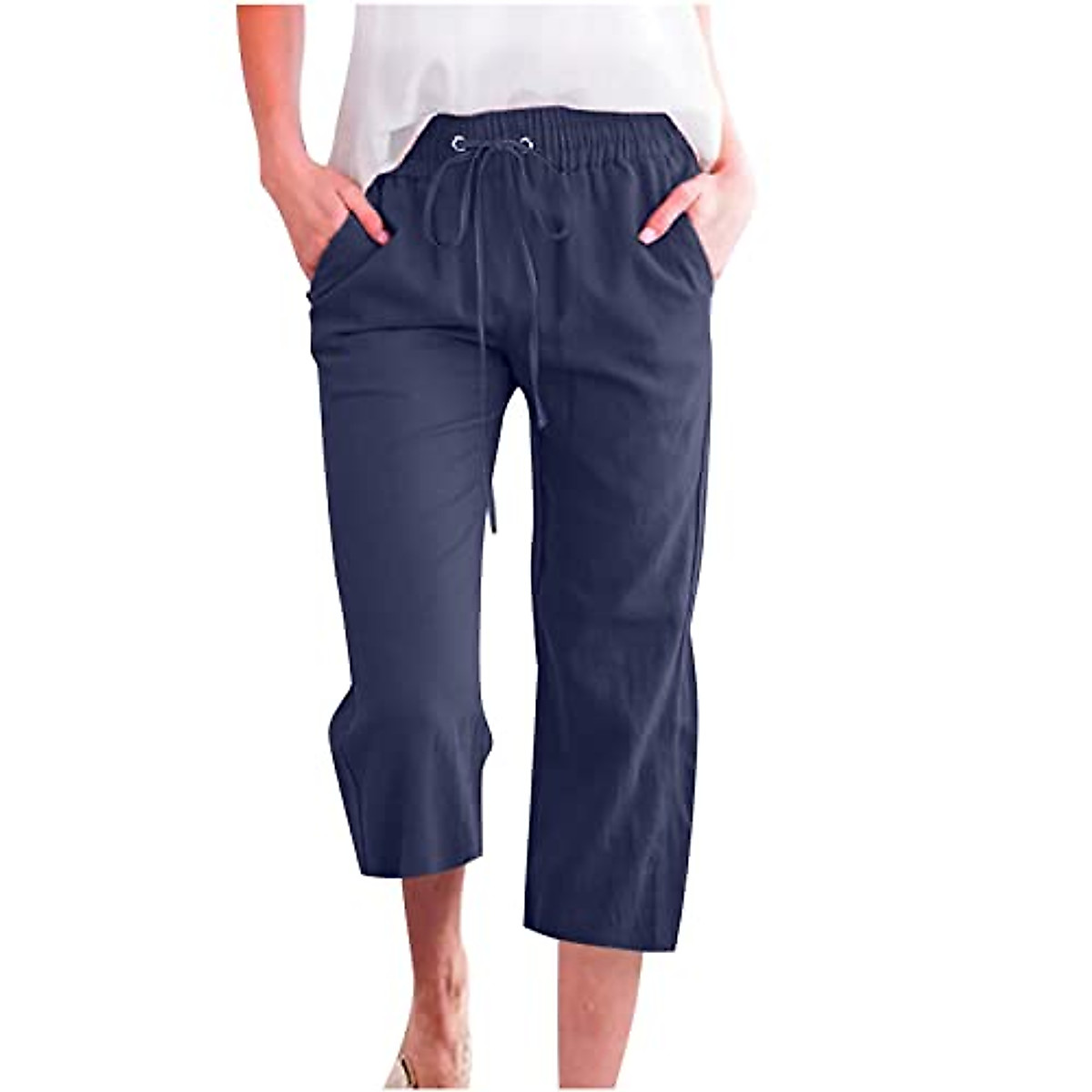 symoid Amazon Returned Pallets Sale Capris for Women Drawstring Elastic Waisted Casual Comfy Trousers Wide Leg Loose Summer Capri Pants with Pockets 2023 My Orders with Amazon Navy XXL