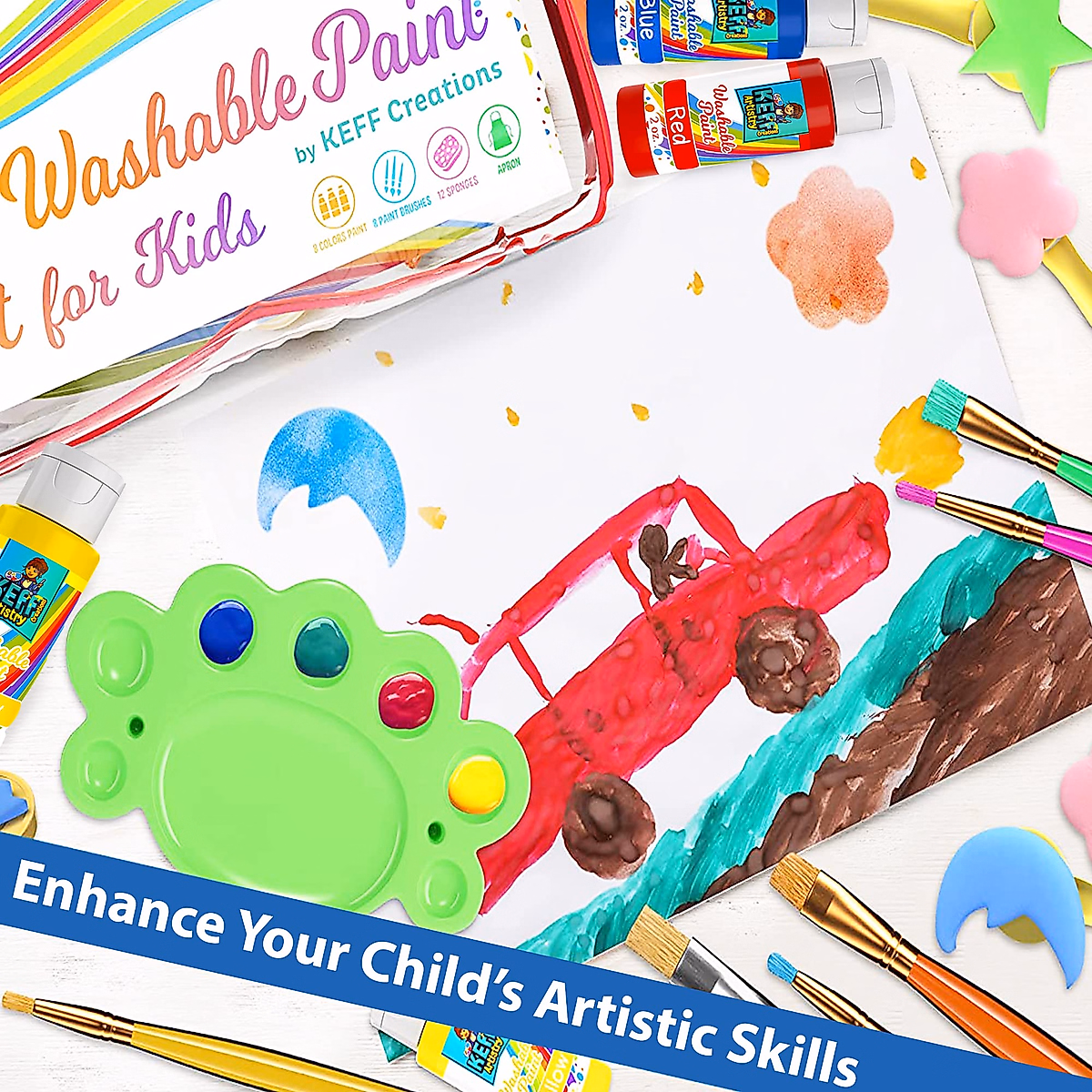 KEFF Kids and Toddler Paint Set - 33 Piece Painting Set for Toddlers with Non Toxic Washable Tempera Finger Paint, Brushes, Palette, Apron, Paper Pad & More Art Supplies Kit for All Ages