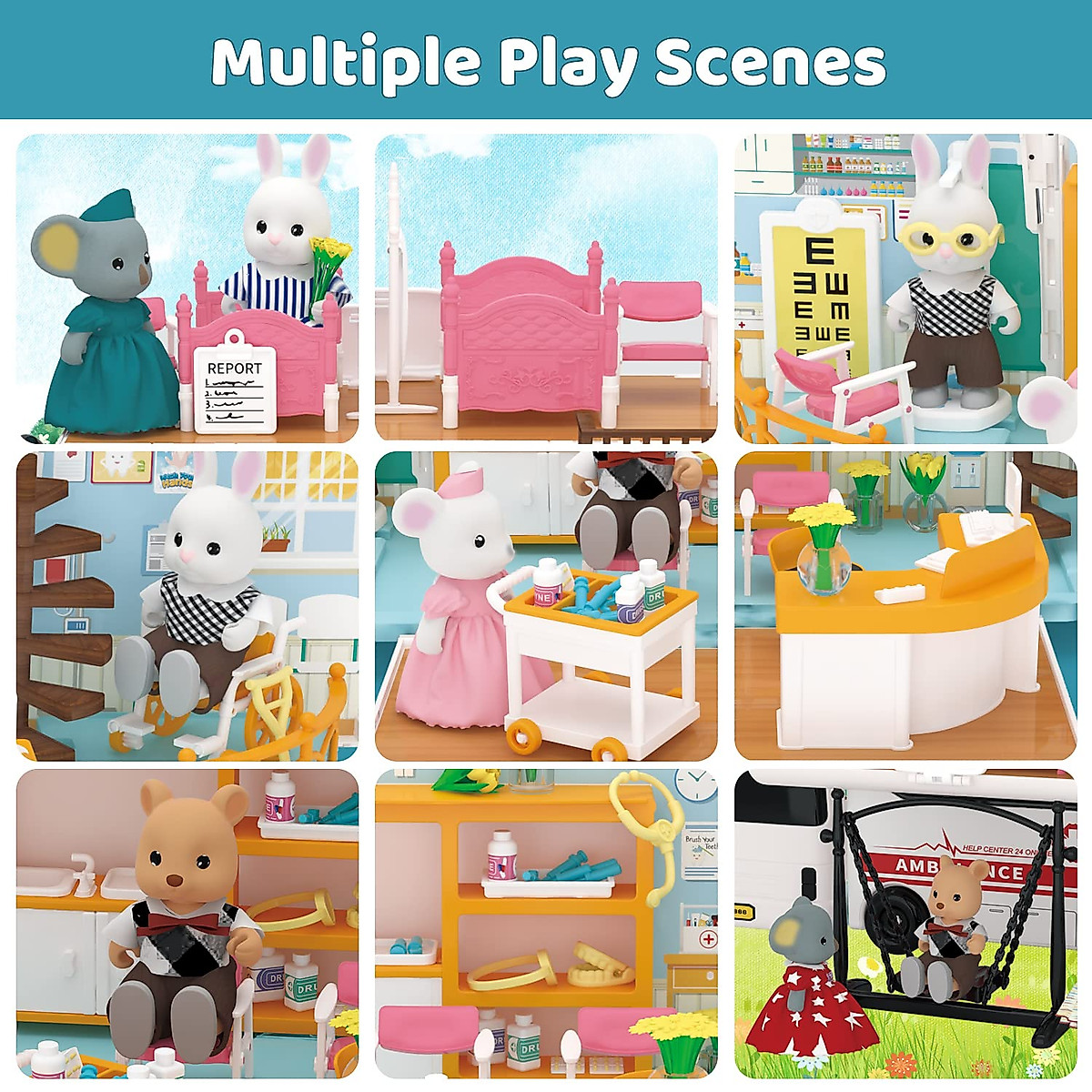 Dollhouse Playset for Girls - Kids Pretend Play Doll House Toy Doctor Kit Hospital Accessories, Portable Critter Doll Ambulance Bus Toys for Toddlers Boys Girls Birthday Gifts 3 4 5 6 Year Old