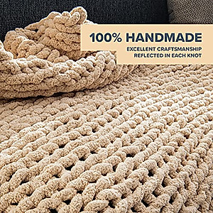 Chunky Knit Blanket Throw - 50"x60" 3.7 lbs. - Soft Chenille Yarn Knitted Blanket - Machine Washable Crochet Blanket - Handmade Cable Knit Throw Blanket for Couch, Bed (Oat White)