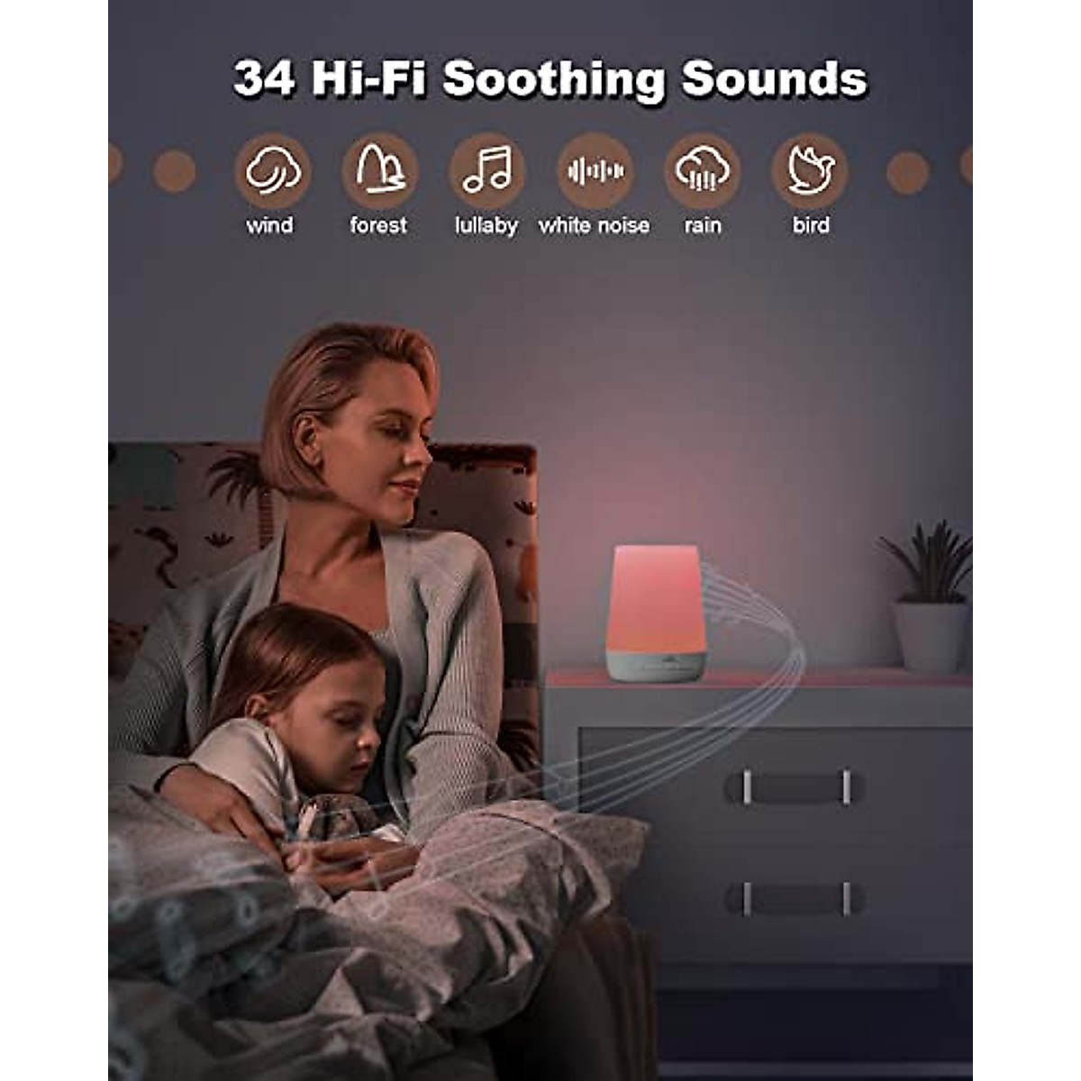 BABYMUST Baby White Noise Machine, Sound Machine with Night Light for Baby Sleeping, 34 Soothing Sounds, App Remote Control, Set Wake up & Sleep Schedule, Timer, Rechargeable, Portable for Travel
