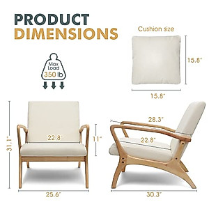 CDCASA Mid-Century Modern Accent Chair with Cushion, 28.3'' Long Armrest Chairs Upholstered Linen Fabric Wood Frame Armchair for Living Room,Bedroom,Reading,Balcony, Set of 1