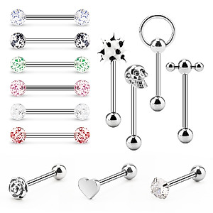 CrazyPiercing Assorted Tongue Rings, 14G Stainless Steel Tongue Piercing Rings Assorted Barbell bar Nipple Cute Tongue Rings for Women Men（13PCS）