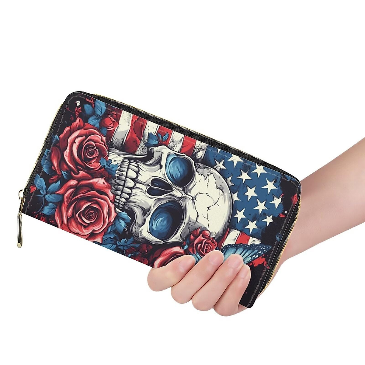 Snilety Women Long Wallet PU Leather Card Case, Red Rose Printed RFID Credit Card Holder Zipper ID Card Travel Wallet