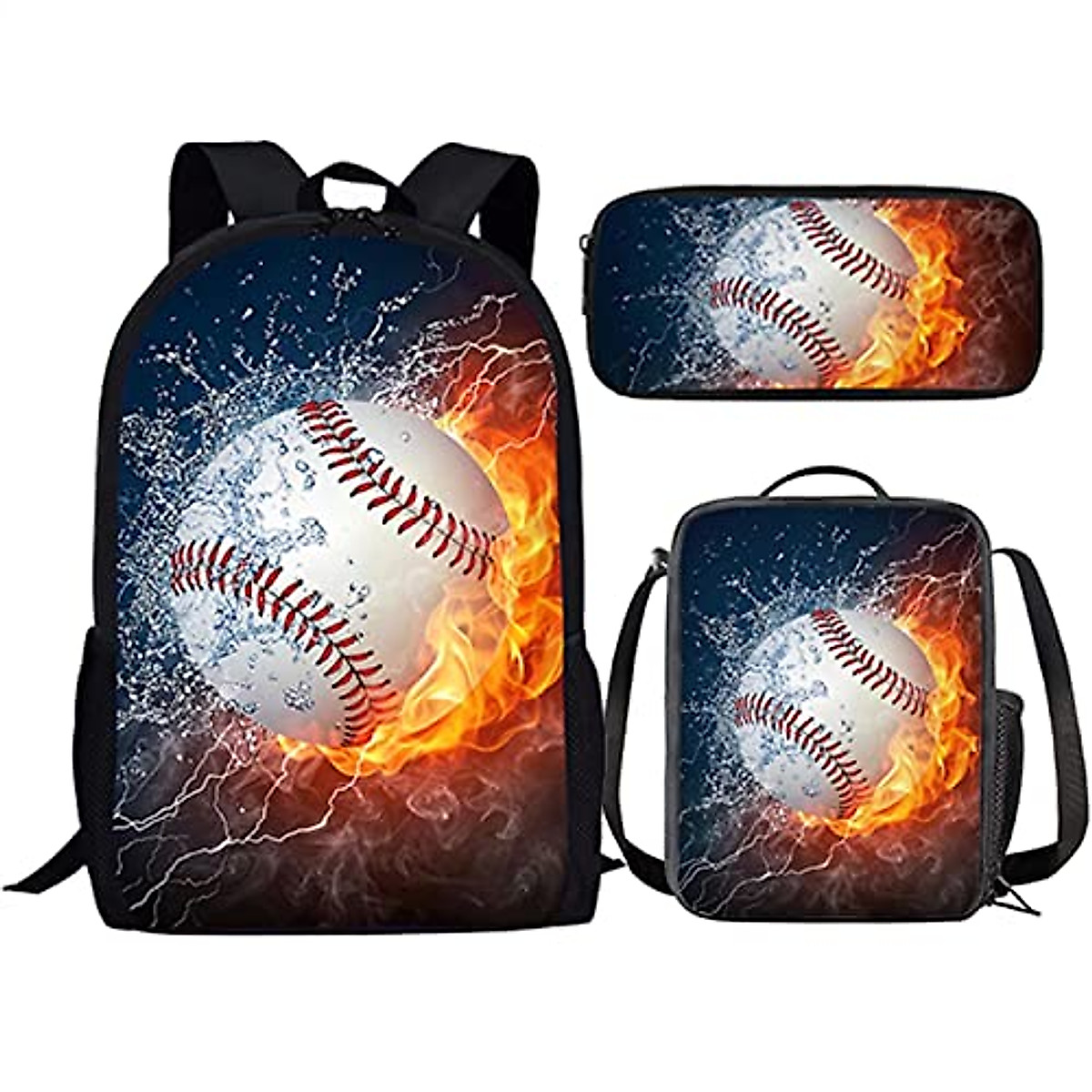Suobstales Baseball Flame School Backpack for Kids Boys Gifts School Bag Set with Lunch Box Pencil Case,Cool Bookbag Teen Student Back Packs Satchel Travel Daypack Bagpack