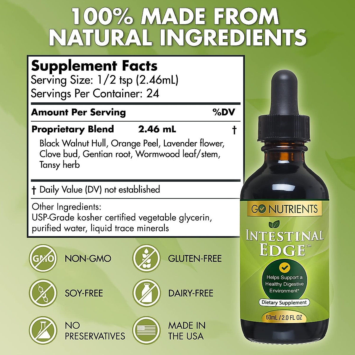 Go Nutrients Intestinal Edge (Non-GMO) Support Intestinal Health: Nourishing Digestive Wellness Vitality and Radiant Skin with Black Walnut Clove and Gentian Root All Ages 2.0 oz. | 24 Servings
